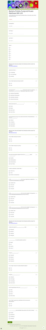 Bacteria, Protists, Fungi and Viruses WebQuest (MS-LS1) Great sub plans!