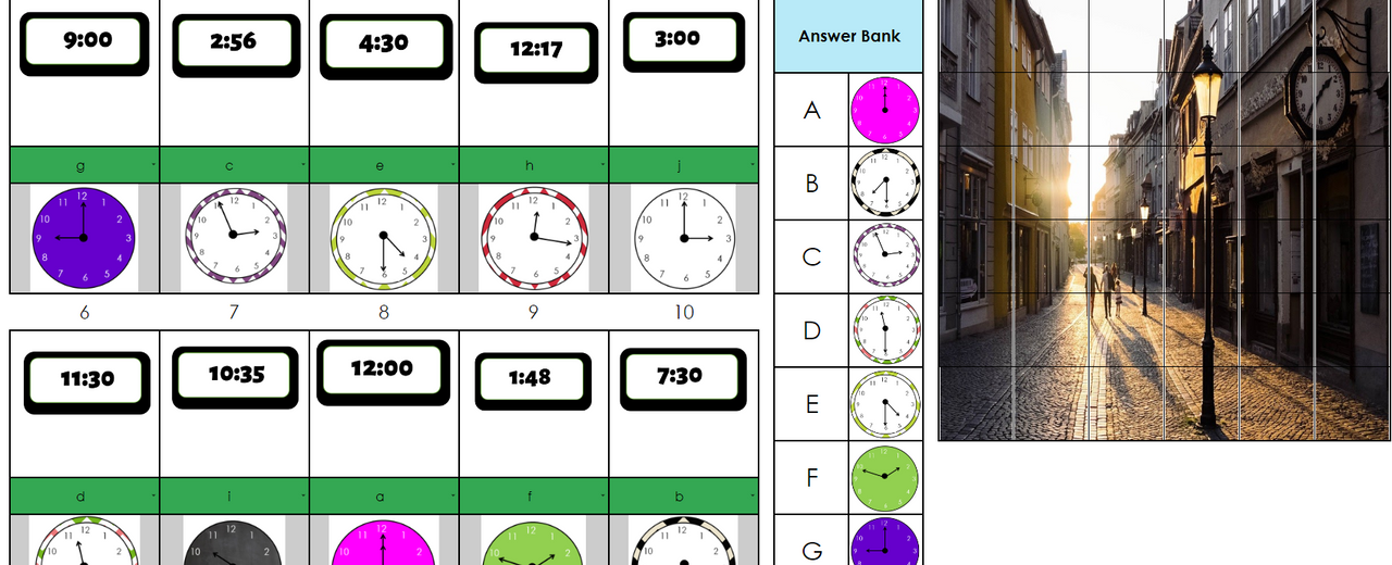 Telling Time Hidden Mystery Pixel Art Puzzle Digital to Analog