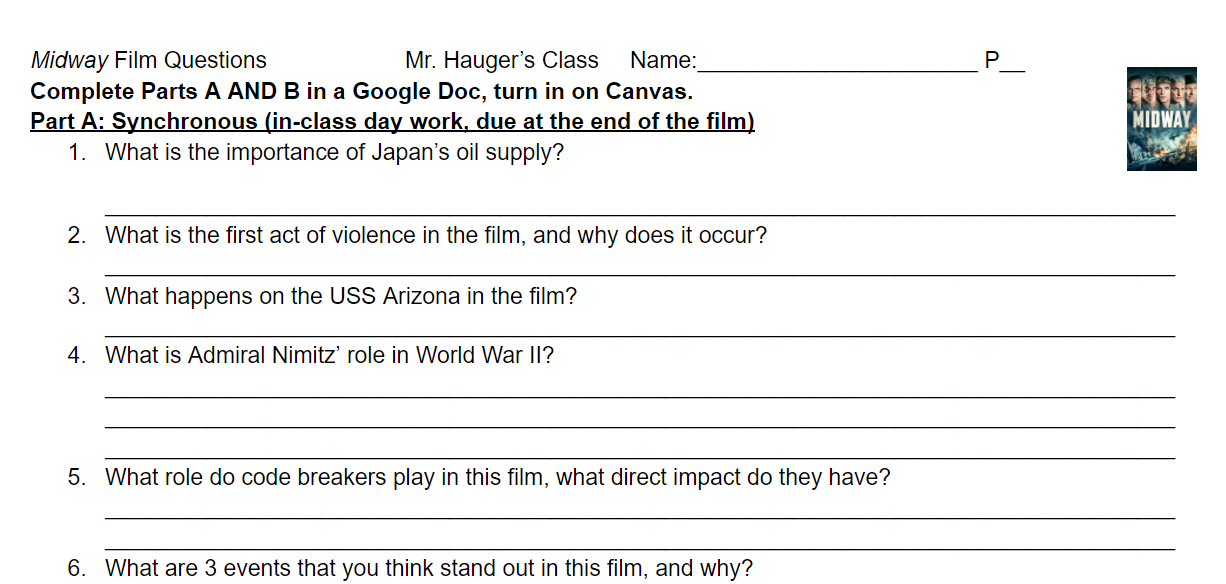 Midway and MoneyBall Film Questions Hybrid Learning In Class and At Home