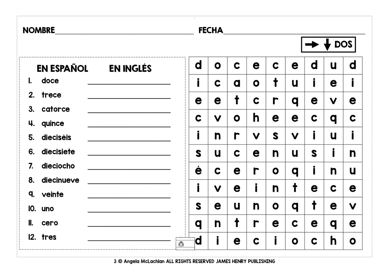 Spanish Number Word List