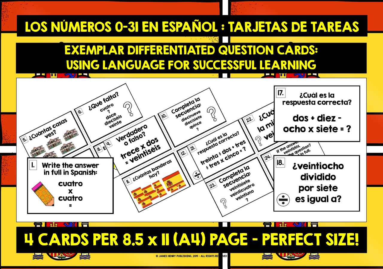 SPANISH NUMBERS 0-31 TASK CARDS - Amped Up Learning