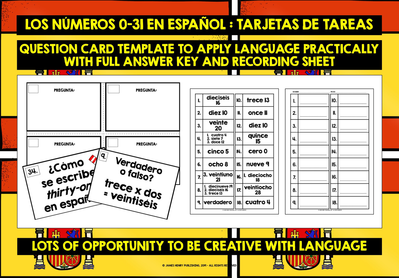 SPANISH NUMBERS 0-31 TASK CARDS - Amped Up Learning