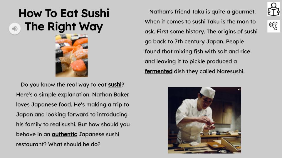 Eating Sushi Informational Text Reading Passage and Activities