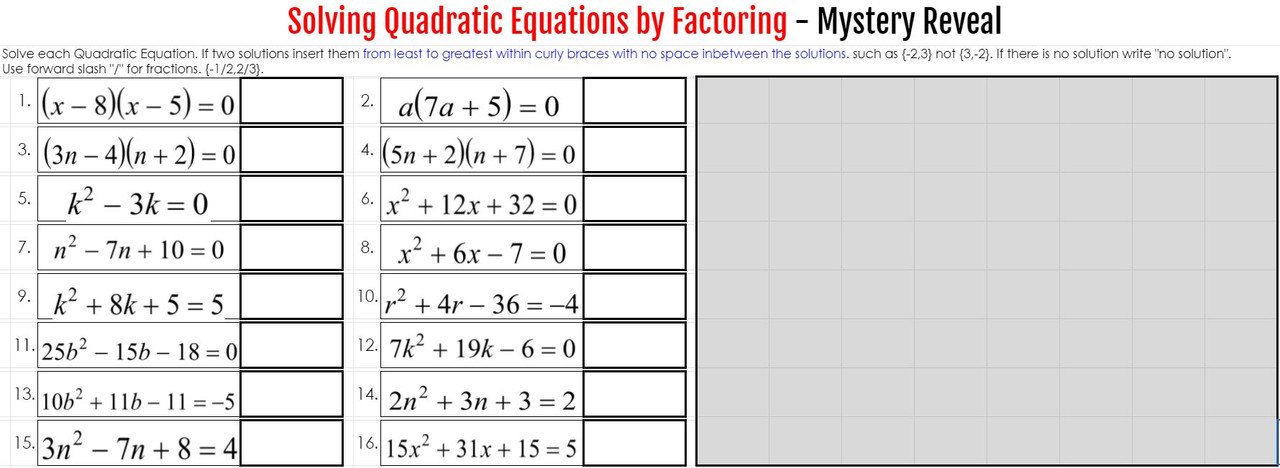 Solving Quadratic Equations by Factoring - Google Sheets Mystery ...
