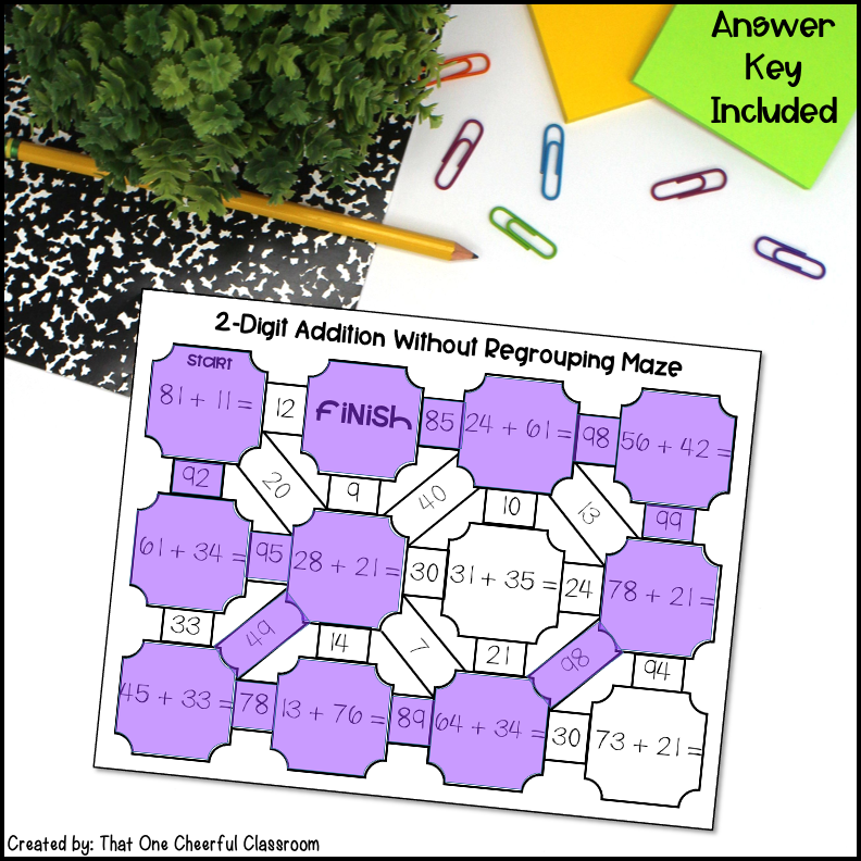 2-Digit Addition without Regrouping Printable Maze Activity