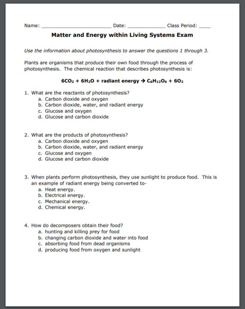 Matter and Energy Within Living Systems Exam - Amped Up Learning