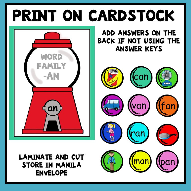 Word Families Literacy Center Gumball Theme