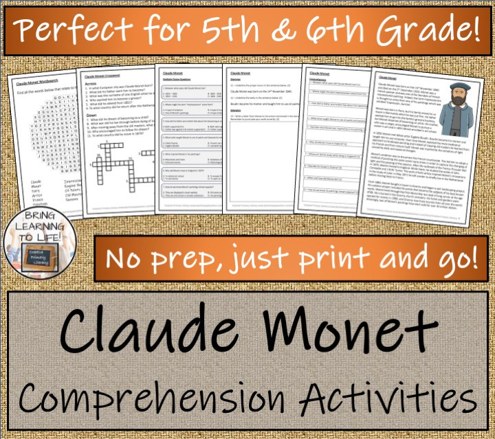 Claude Monet Close Reading Comprehension Activities | 5th Grade & 6th ...