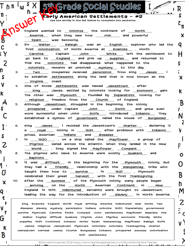 Early American Settlements Cloze/Fill In Blank #2~Social Studies Weekly ...