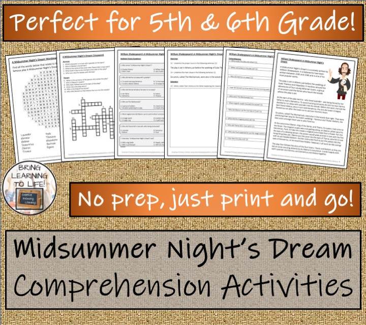 Shakespeare's A Midsummer Night's Dream Close Reading Activity | 5th ...