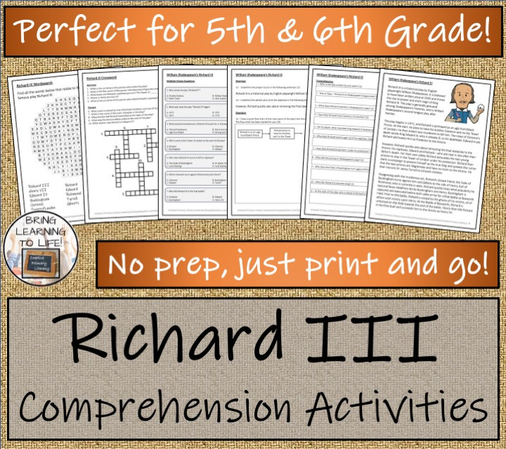 William Shakespeare's Richard III Close Reading Comprehension | 3rd ...