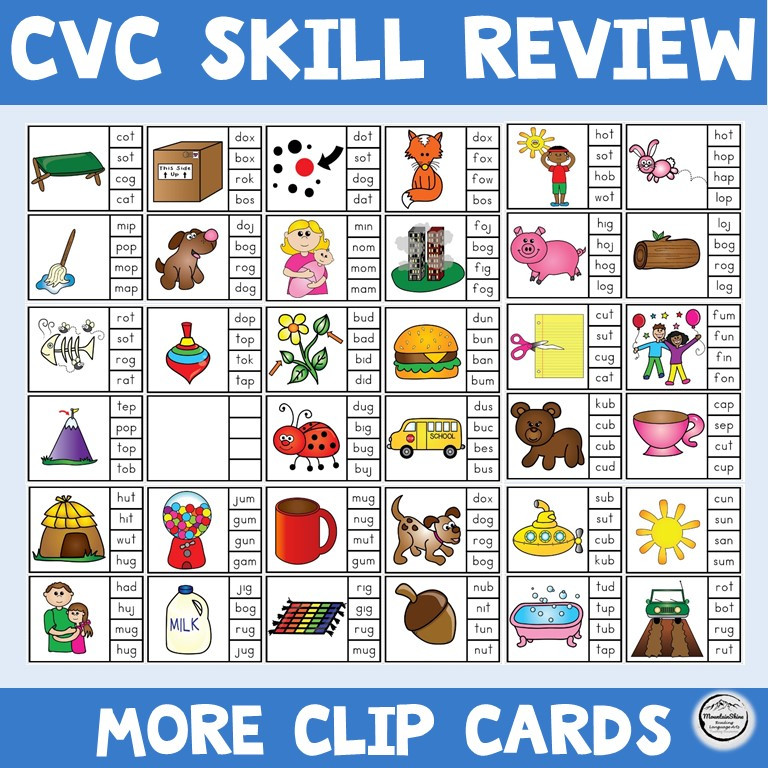 CVC Words, Short Vowels Clip Cards with Nonsense Words