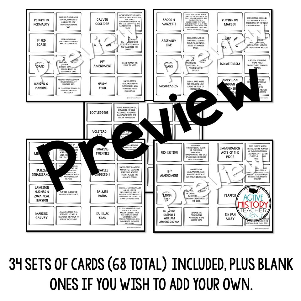 Roaring 20's Activity Vocabulary Matching Hands-On EOC Review