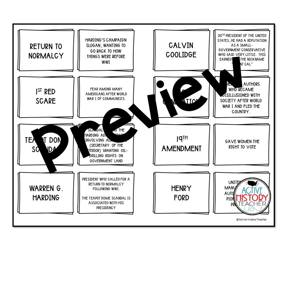Roaring 20's Activity Vocabulary Matching Hands-On EOC Review