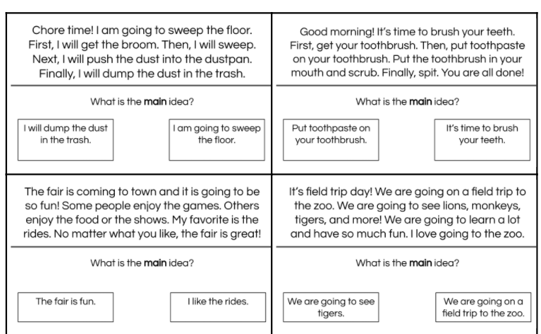 Main Idea Task Cards for Special Education