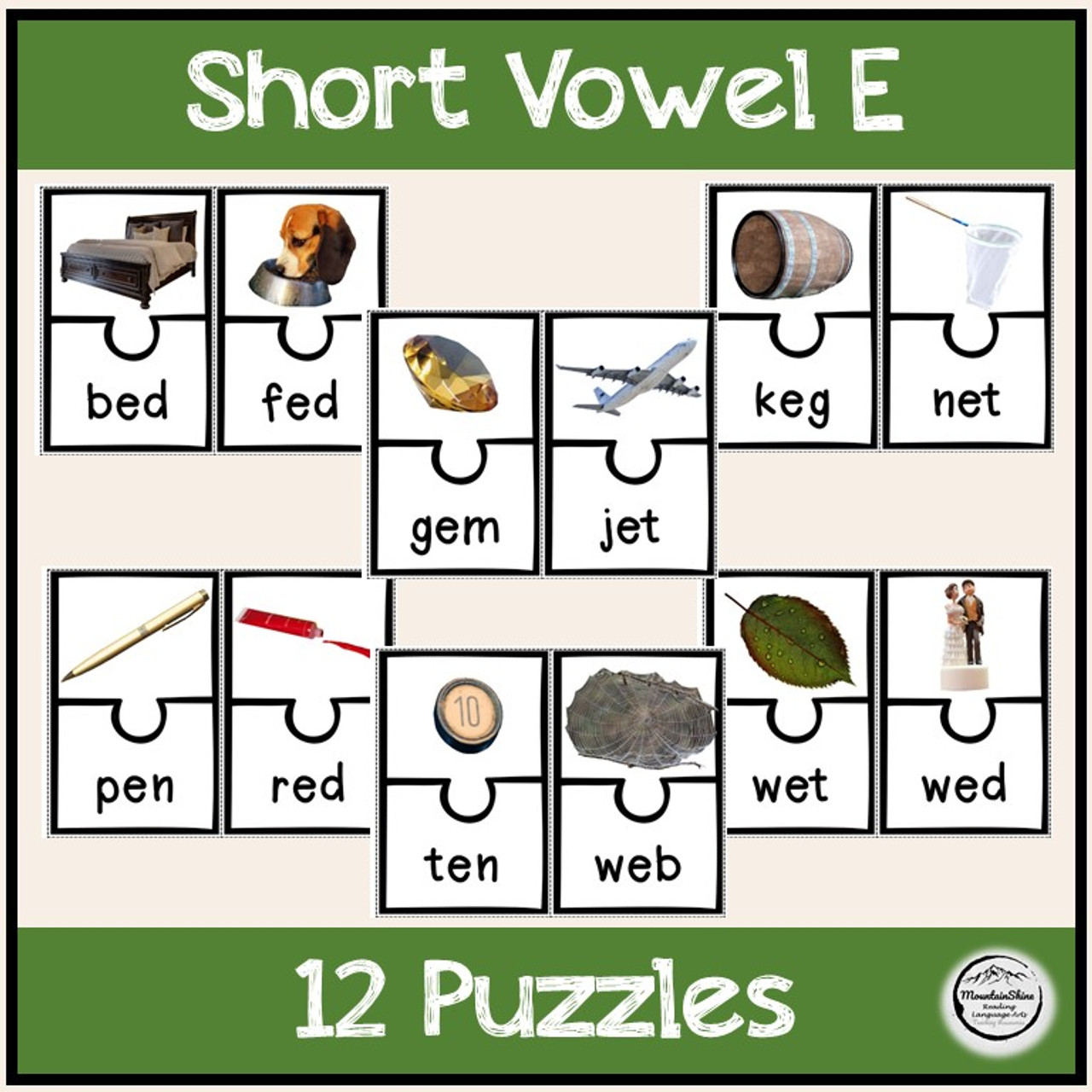 CVC Short Vowel E Bundle Make-A-Word, Puzzles, Worksheets & Flashcards