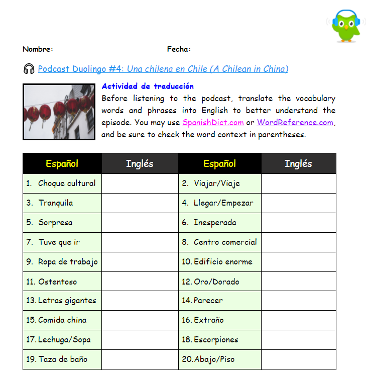 Listening Activity Guide | Duolingo Spanish Podcast #4: Una chilena en ...