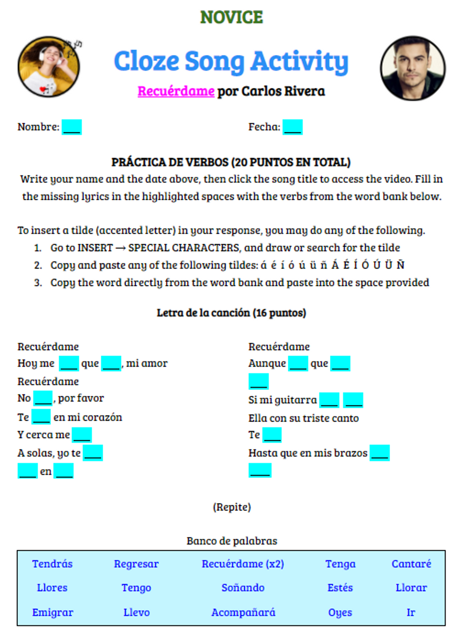 LyricsTraining & Cloze Song Activities - Recuérdame (Remember Me)