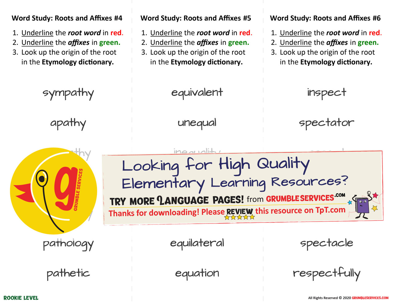 Word Families: Roots and Affixes - 12 ROOKIE Word Study Cards ...