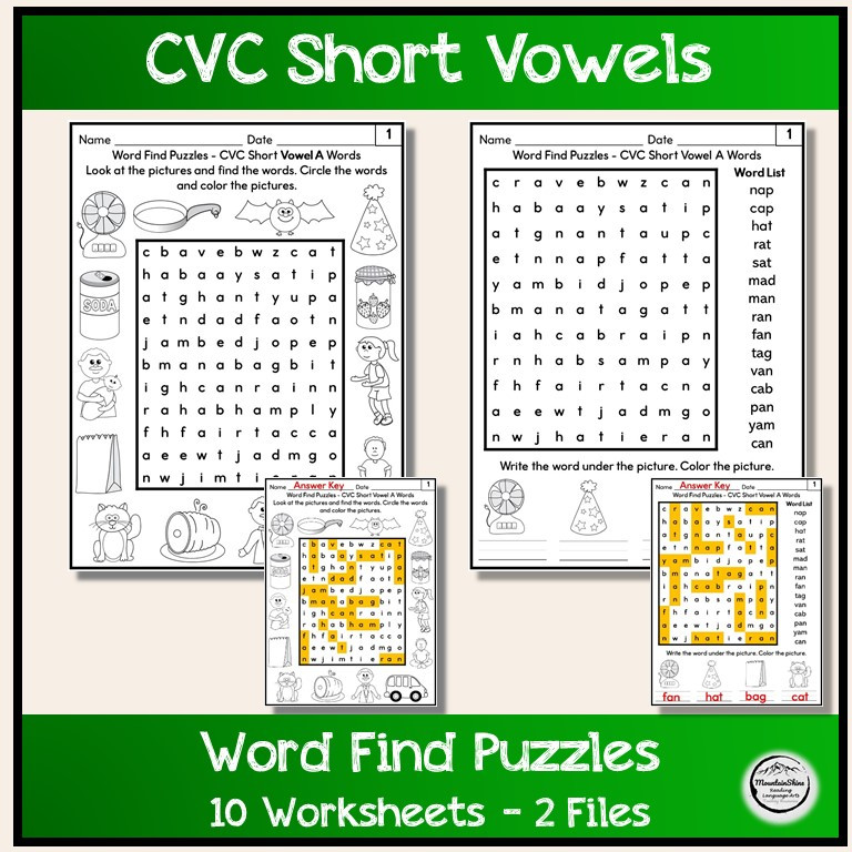Word Find Puzzles CVC Short Vowel