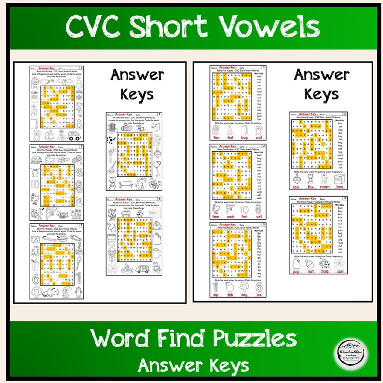 Word Find Puzzles CVC Short Vowel