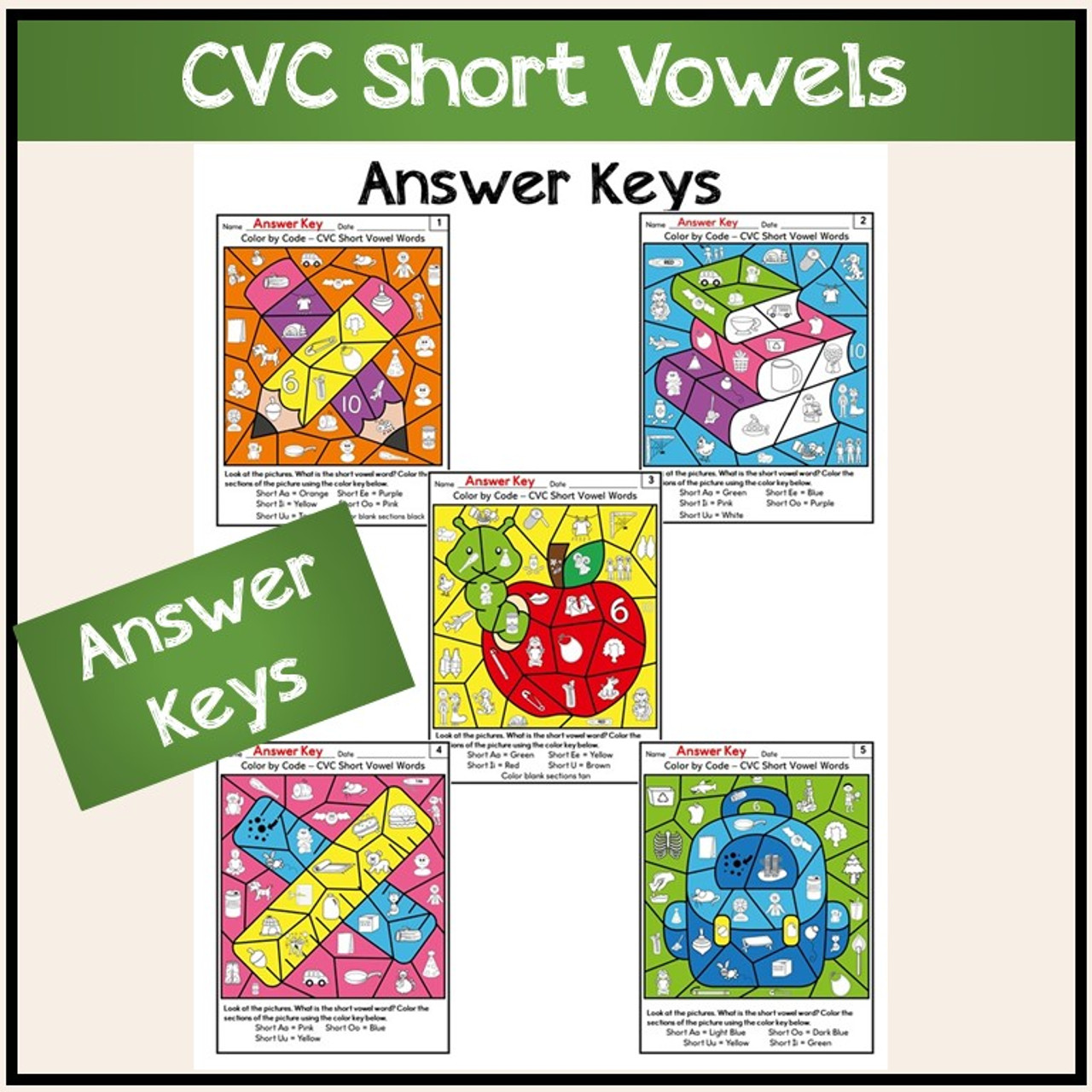 Color by Code Worksheets CVC Short Vowel