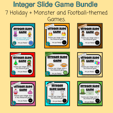 8 Integer Slide Games for the school year - Holiday themes