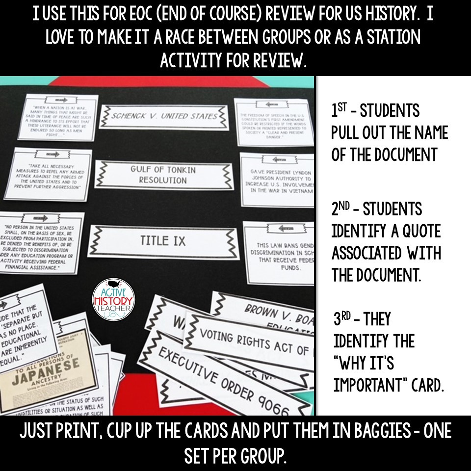 US History EOC Review Important Document Sorting Activity Hands-On ...