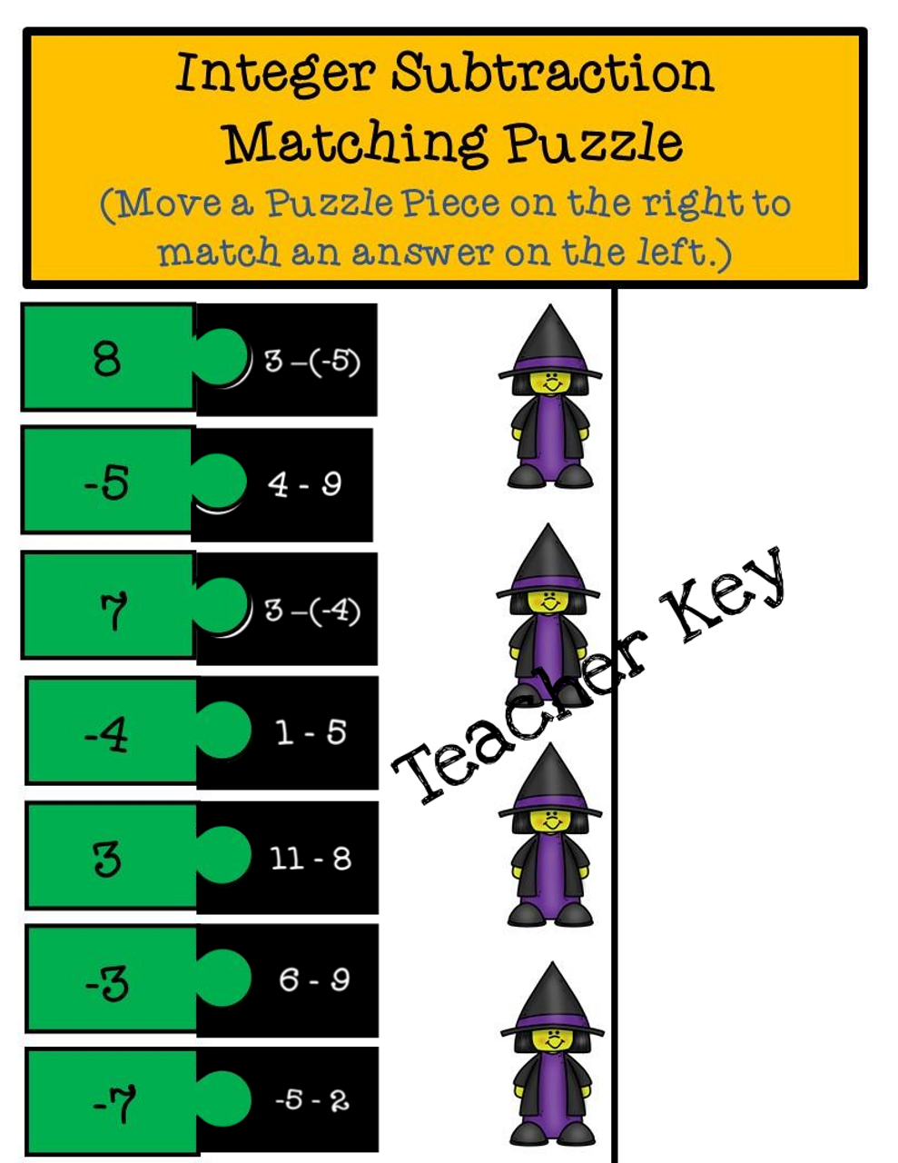 Halloween Integer Addition and Subtraction Matching Puzzle Pieces ...