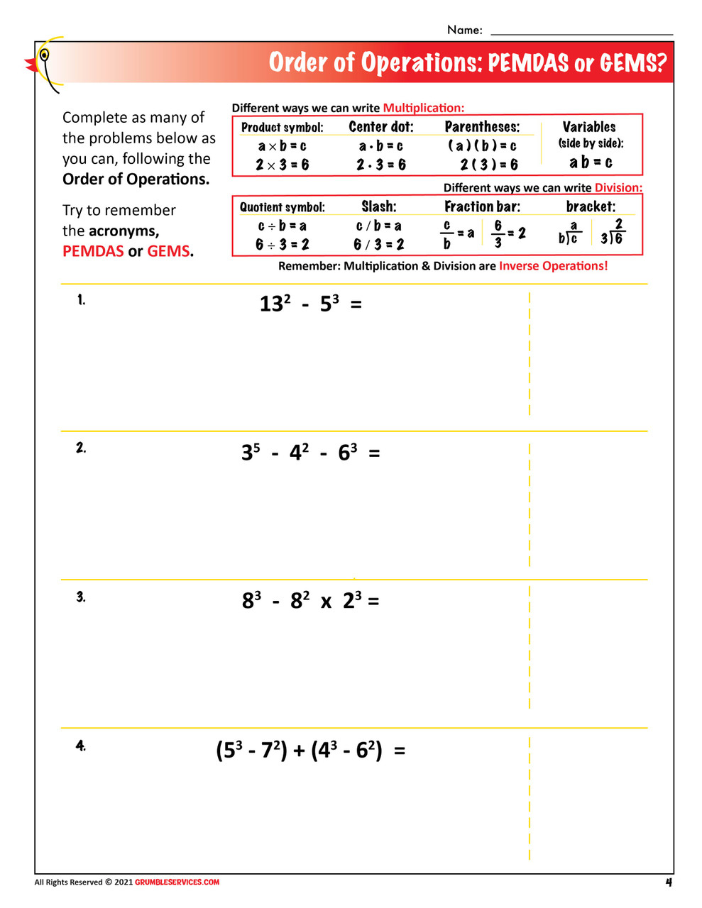 Order Of Operations Worksheets Pre Algebra