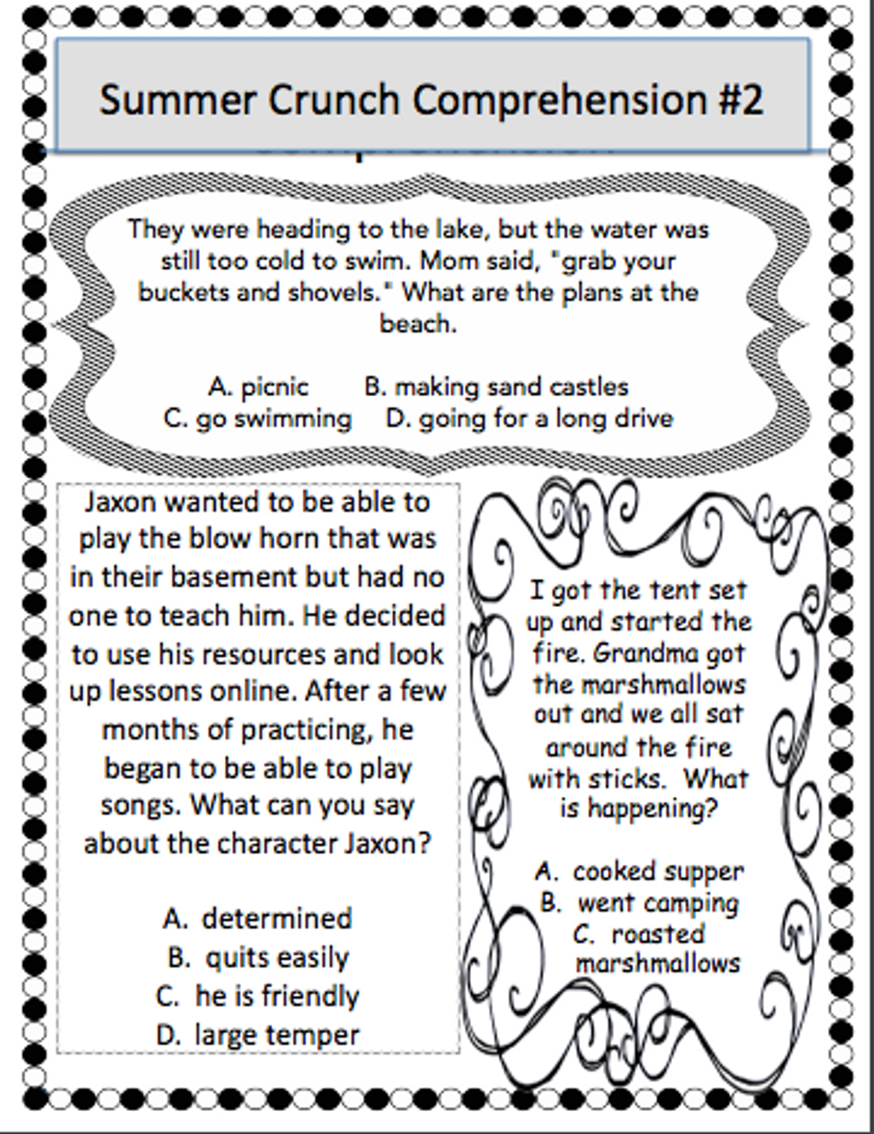 Summer Reading Comprehension Passages
