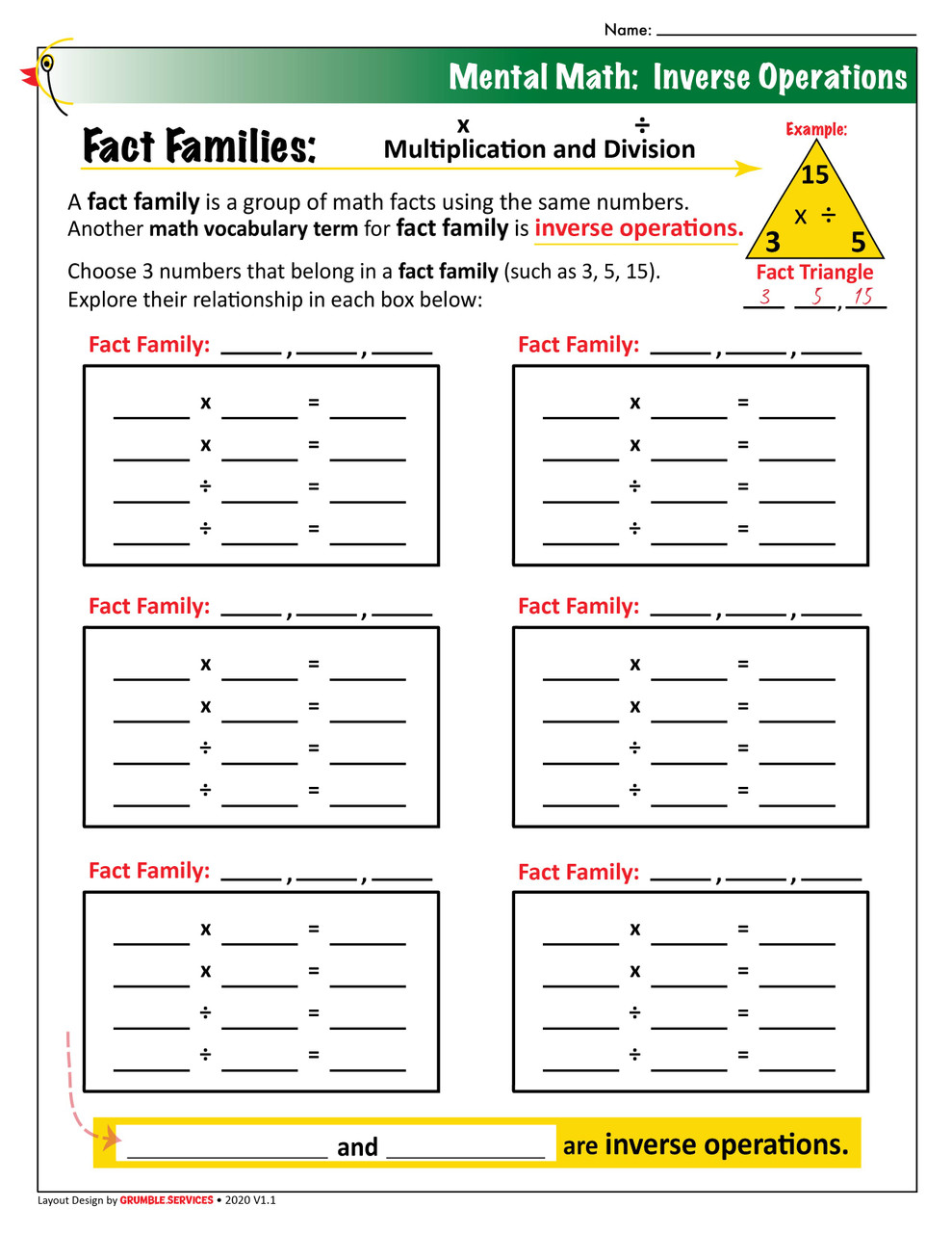 Inverse Operations & Fact Families: BLANK Version - Math Facts ...