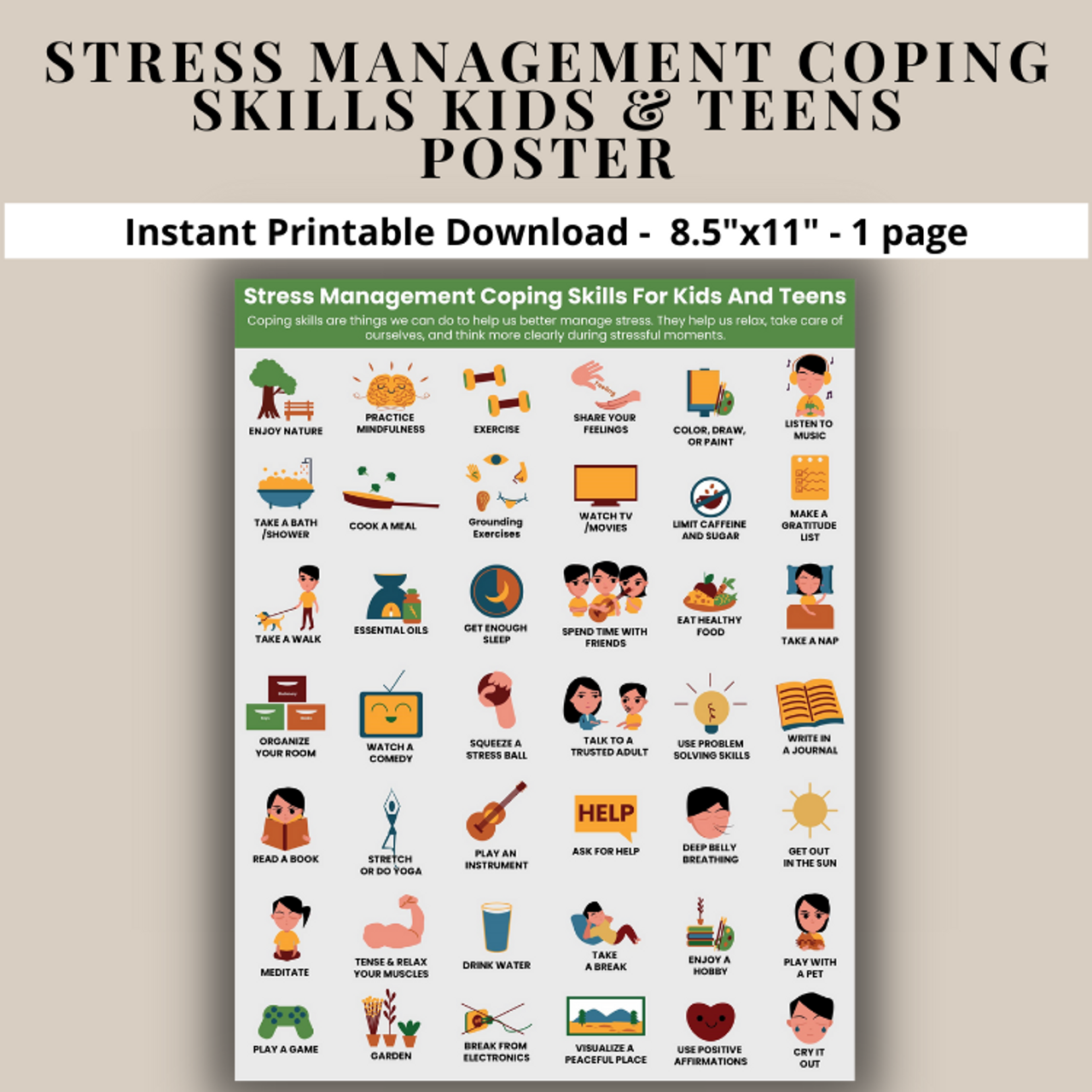 Stress Management Coping Skills Kids & Teens Printable Poster ...