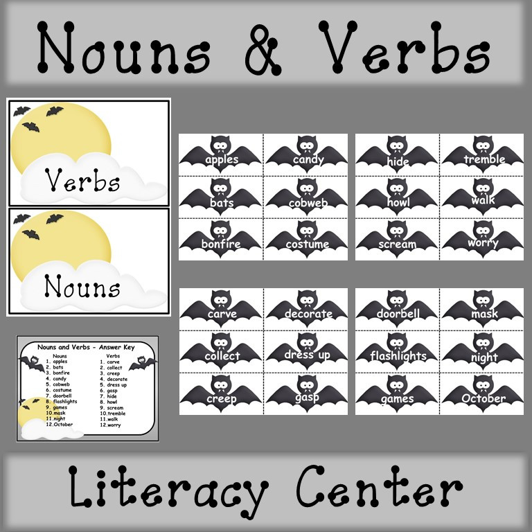 Nouns and Verbs Literacy Center with Worksheets Halloween