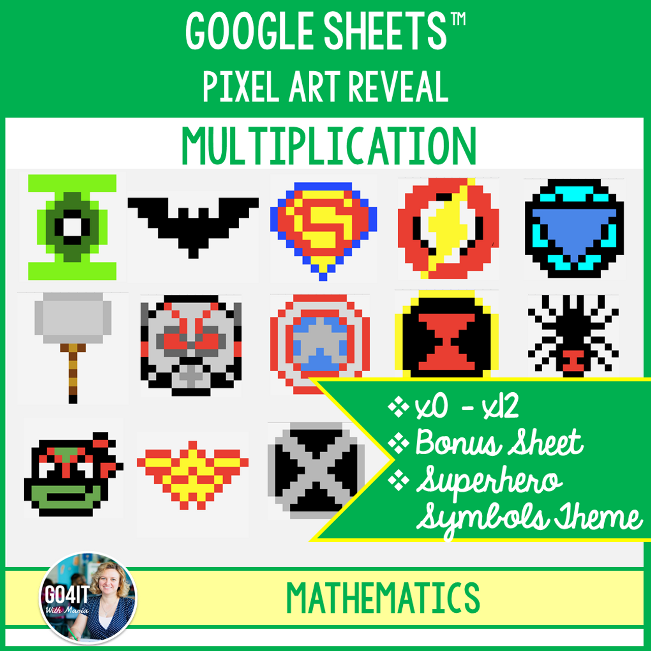 Google Sheets™ Pixel Art Reveal – Multiplication - Superhero Symbols ...