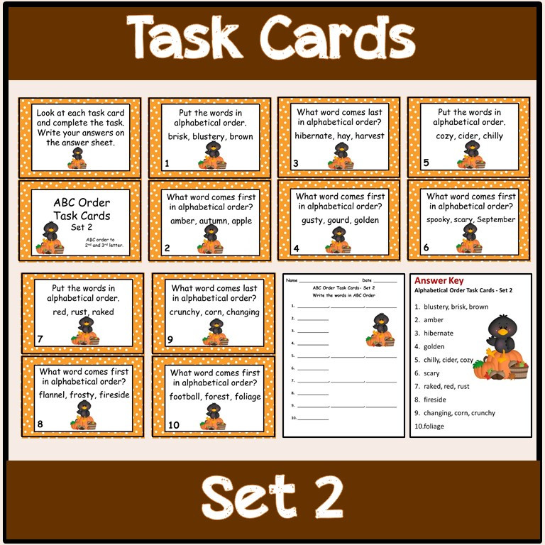 ABC Order Task Cards, Literacy Centers, Whole Group Activites