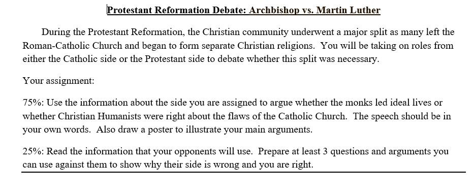 Protestant Reformation Role-Play Debate Activity