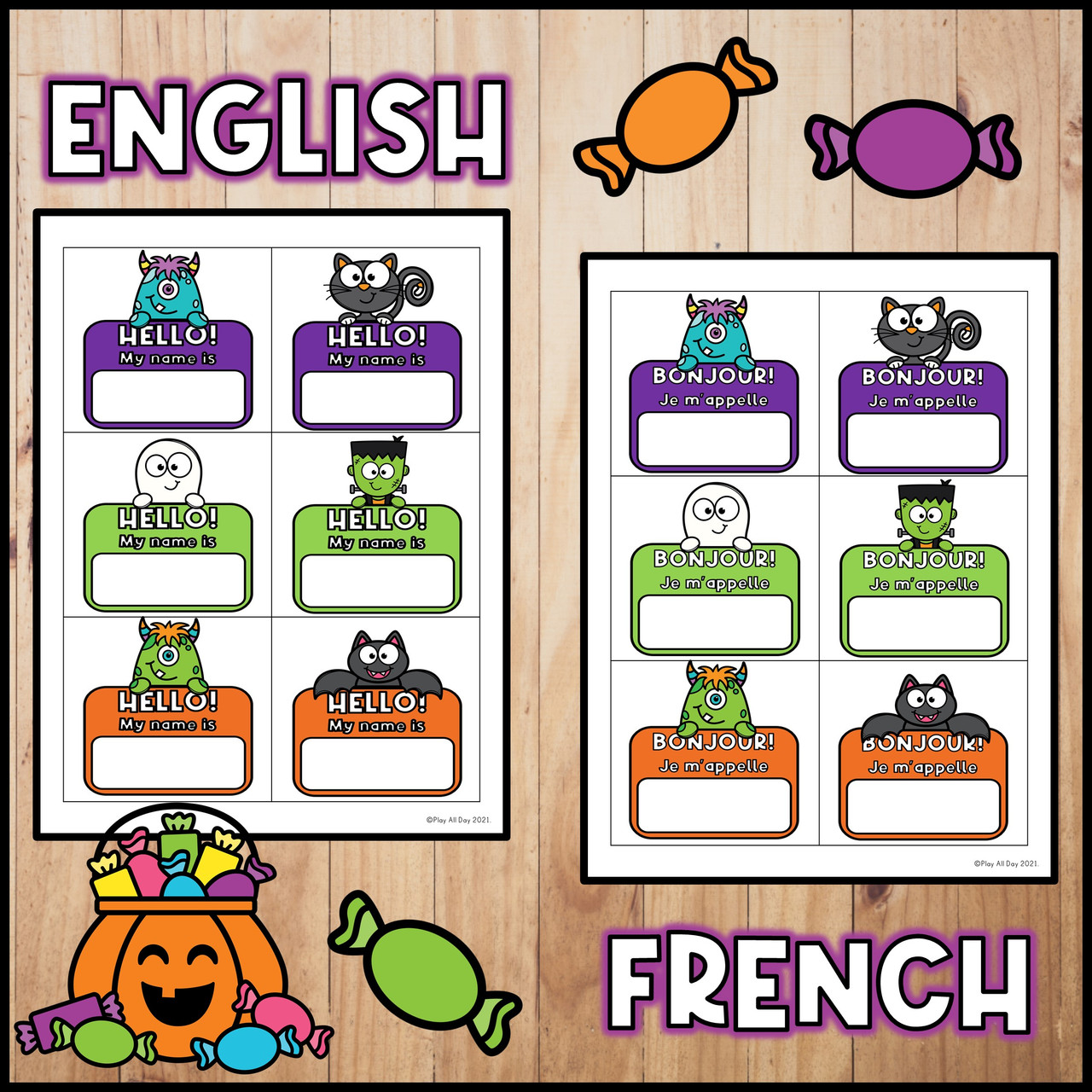 Halloween Name Tags FREEBIE | French Version Included!
