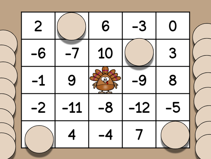 Thanksgiving Integer Bingo - Addition and Subtraction - Digital - Amped ...
