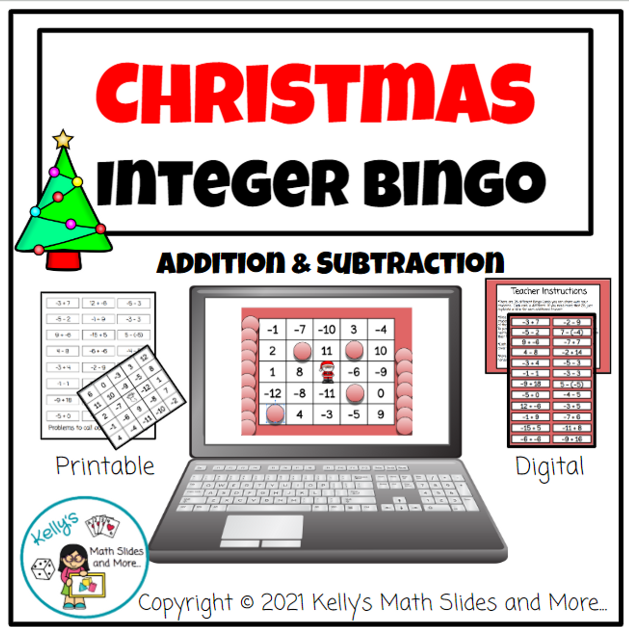 Christmas Integer Bingo - Addition and Subtraction - Digital and ...