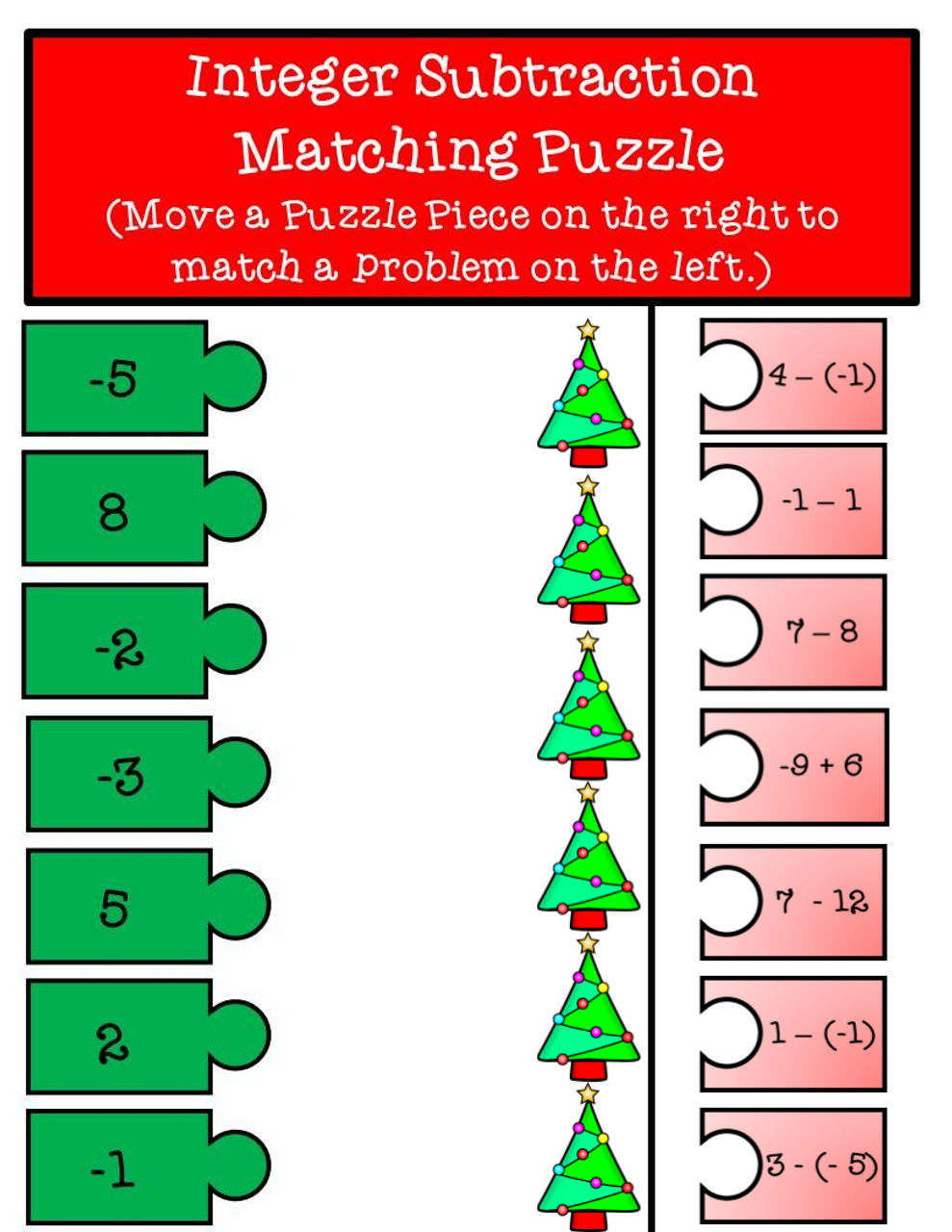 Christmas Integer Matching Puzzle Pieces - Addition and Subtraction