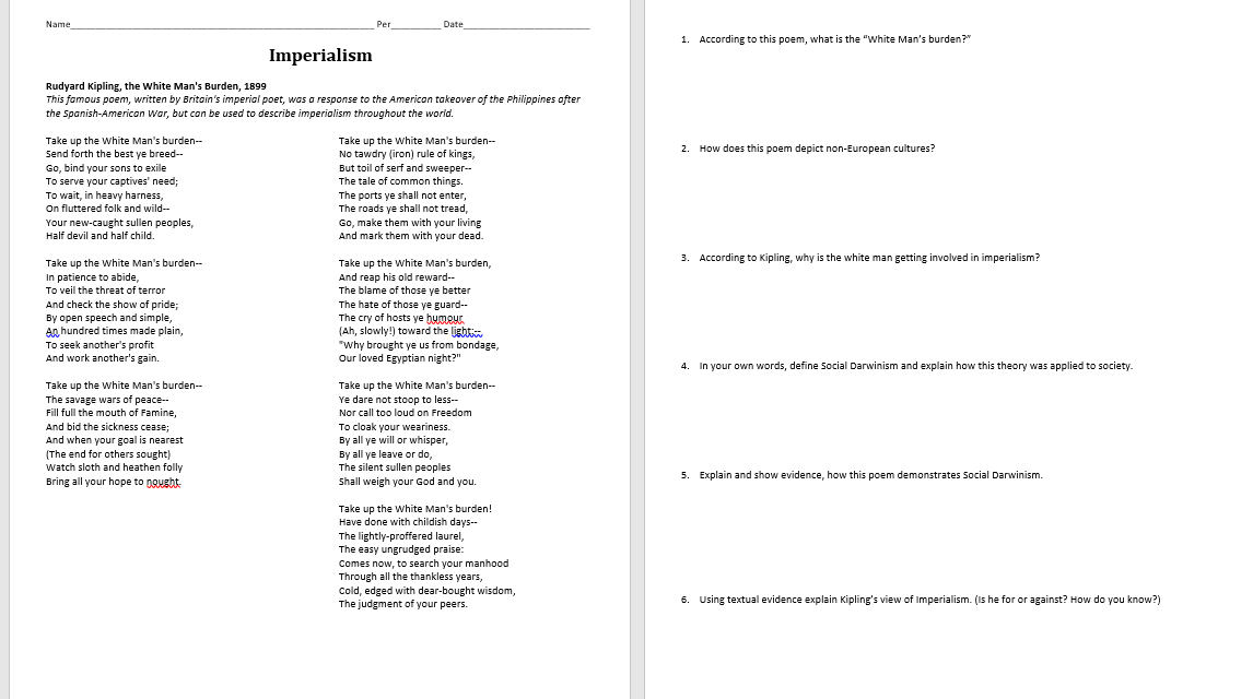 Imperialism: White Man's Burden Poem Worksheet - Amped Up Learning