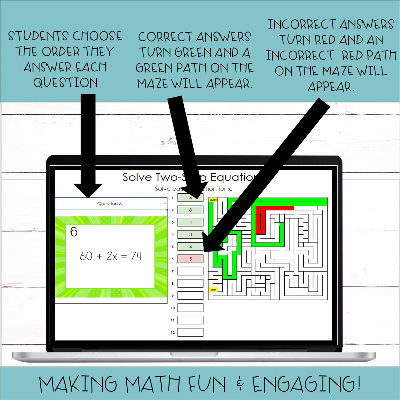 Solve Two-Step Equations Digital Self-Checking Maze