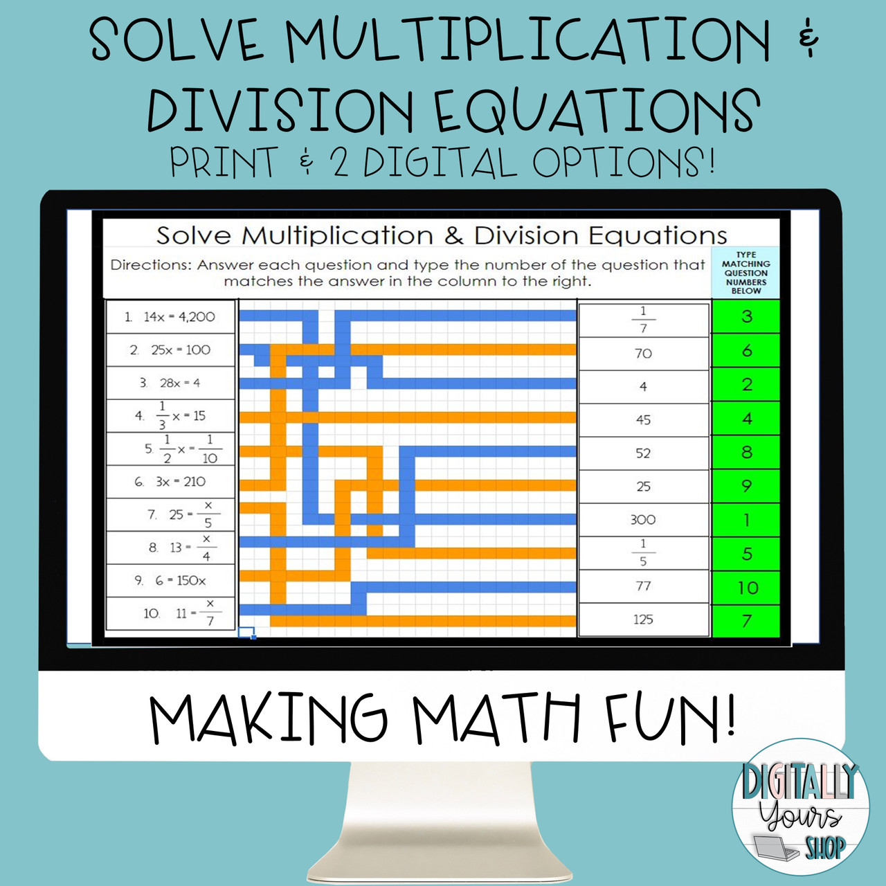 Solve Multiplication & Division Equations Matching (Print & Digital ...