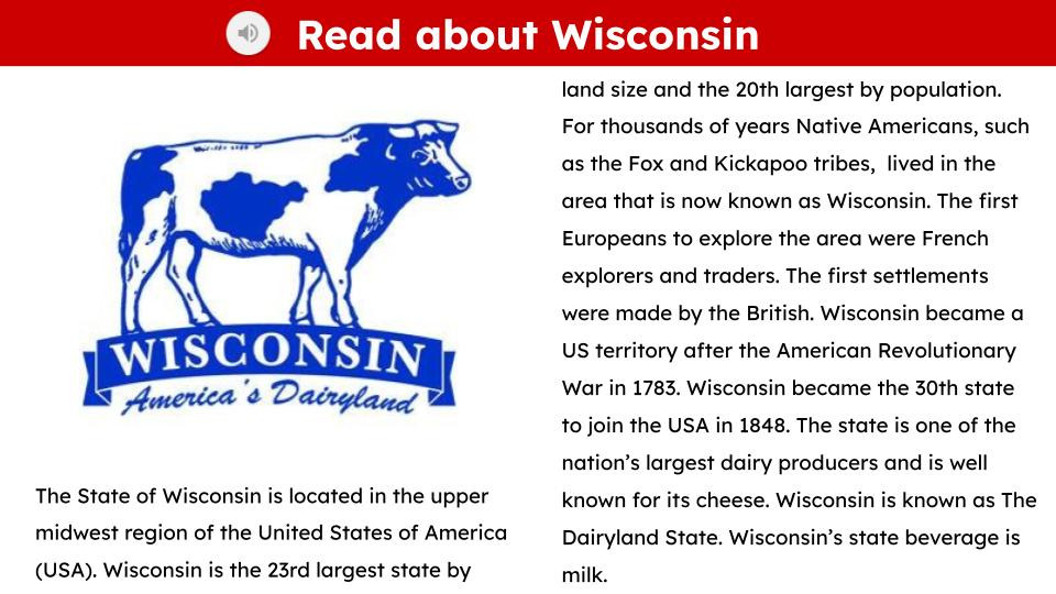 Wisconsin (50 States and Capitals) Informational Text and Activities