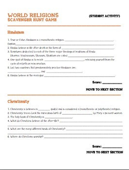 Geography: World Religions Scavenger Hunt Game