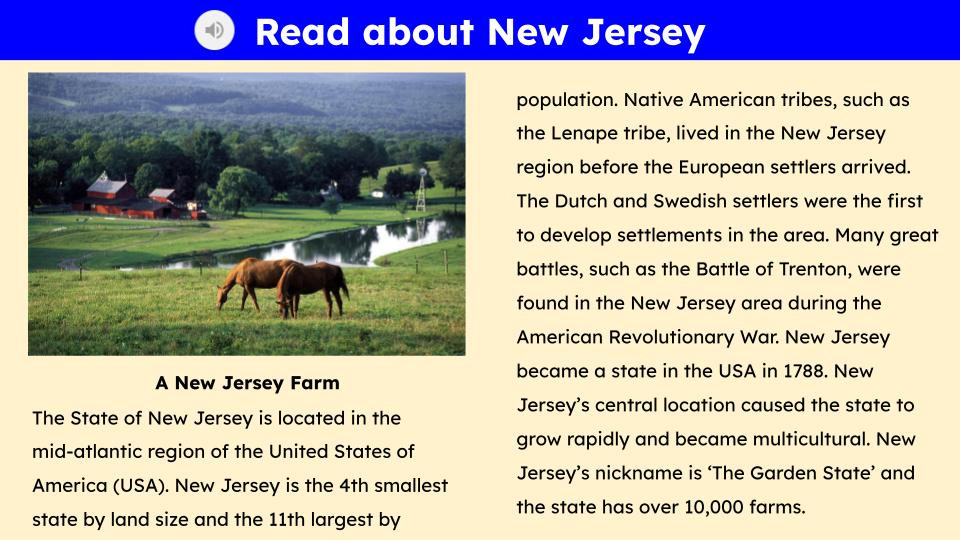 New Jersey (50 States and Capitals) Informational Text and Activities