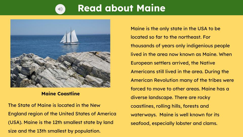Maine State (50 States and Capitals) Informational Text and Activities