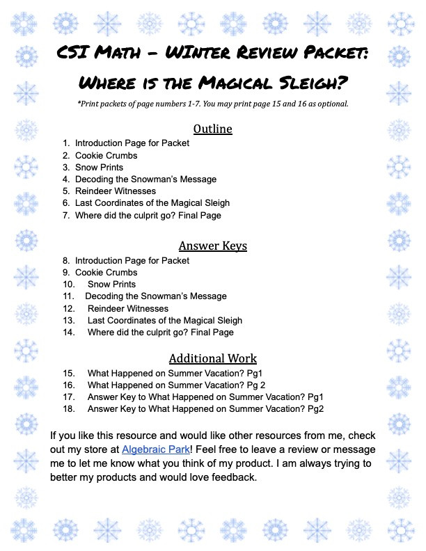 CSI Math - Winter Review Packet: Where is the Magical Sleigh? No Prep ...