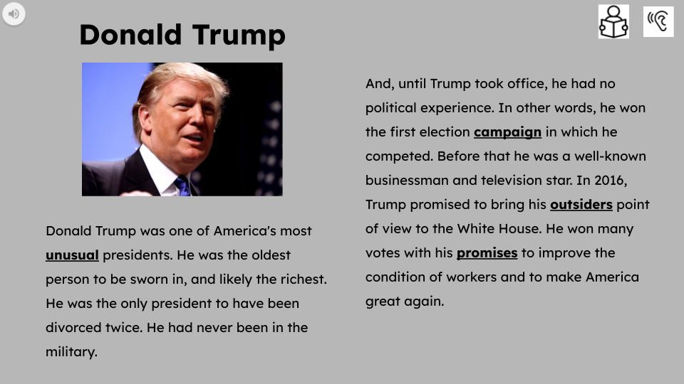 President Donald Trump Informational Text Reading Passage and Activities